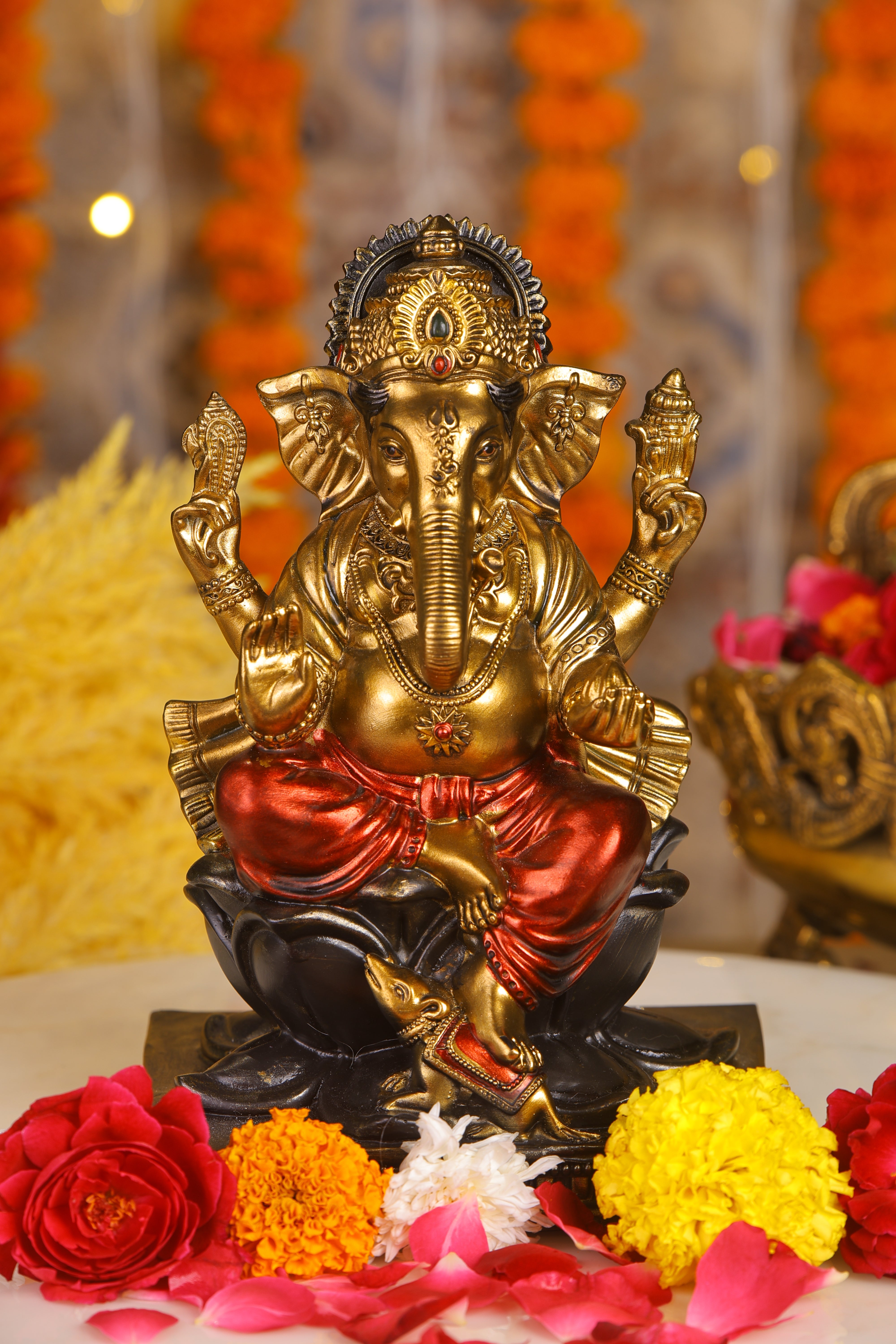 8" Ganesha sitting Antique Finish golden red statue on golden pdestal ...