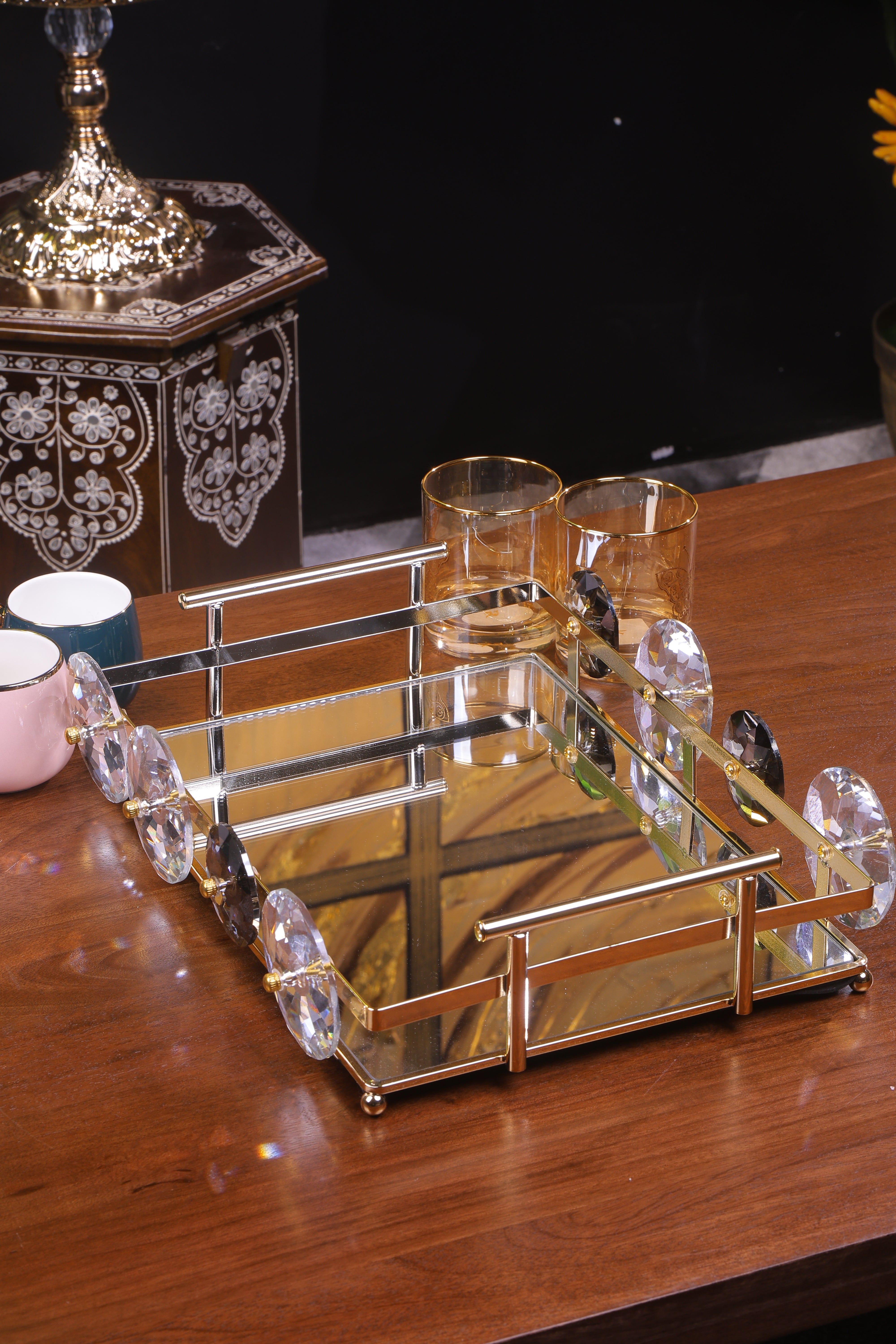 Rectangular Gold Mirror Tray with Handles – Tashiya